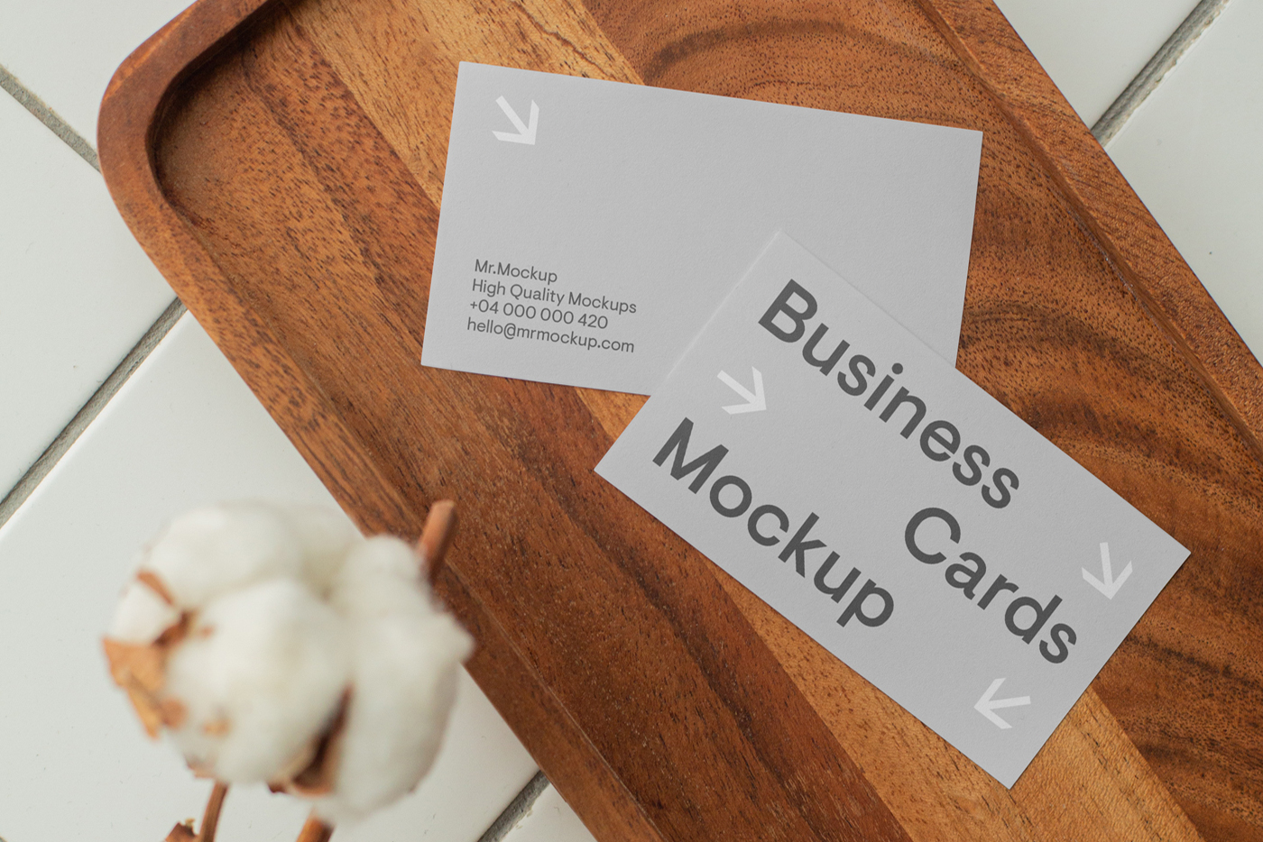 Business Card on Wood Table Mockup — Mr.Mockup