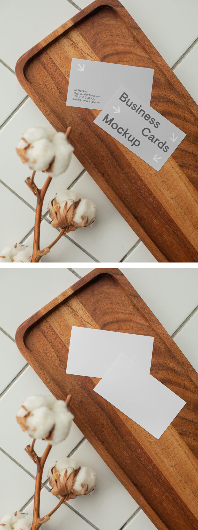 Business Card on Wood Table Mockup — Mr.Mockup