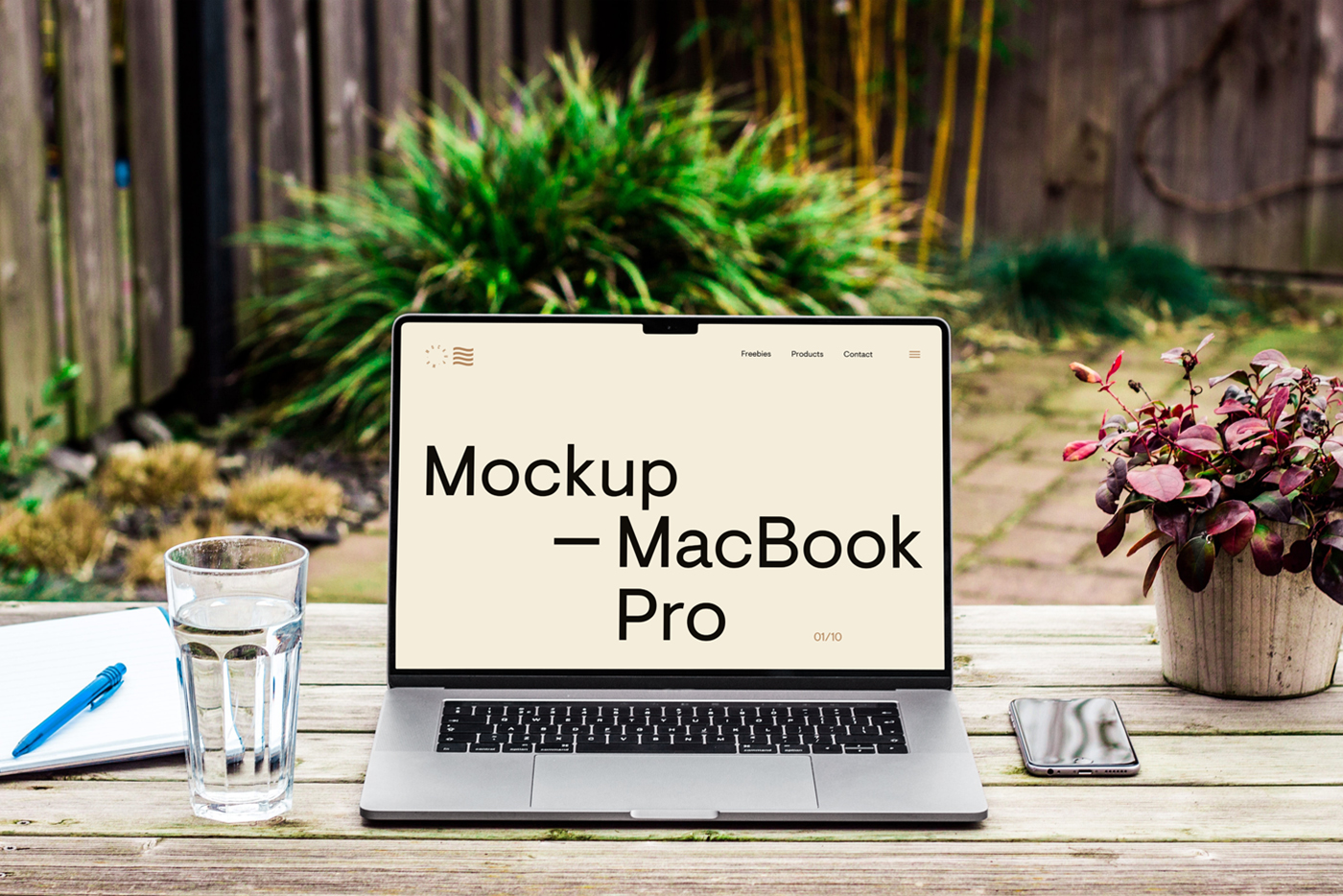 Free MacBook Pro on Wood Desk Mockup — Mr.Mockup