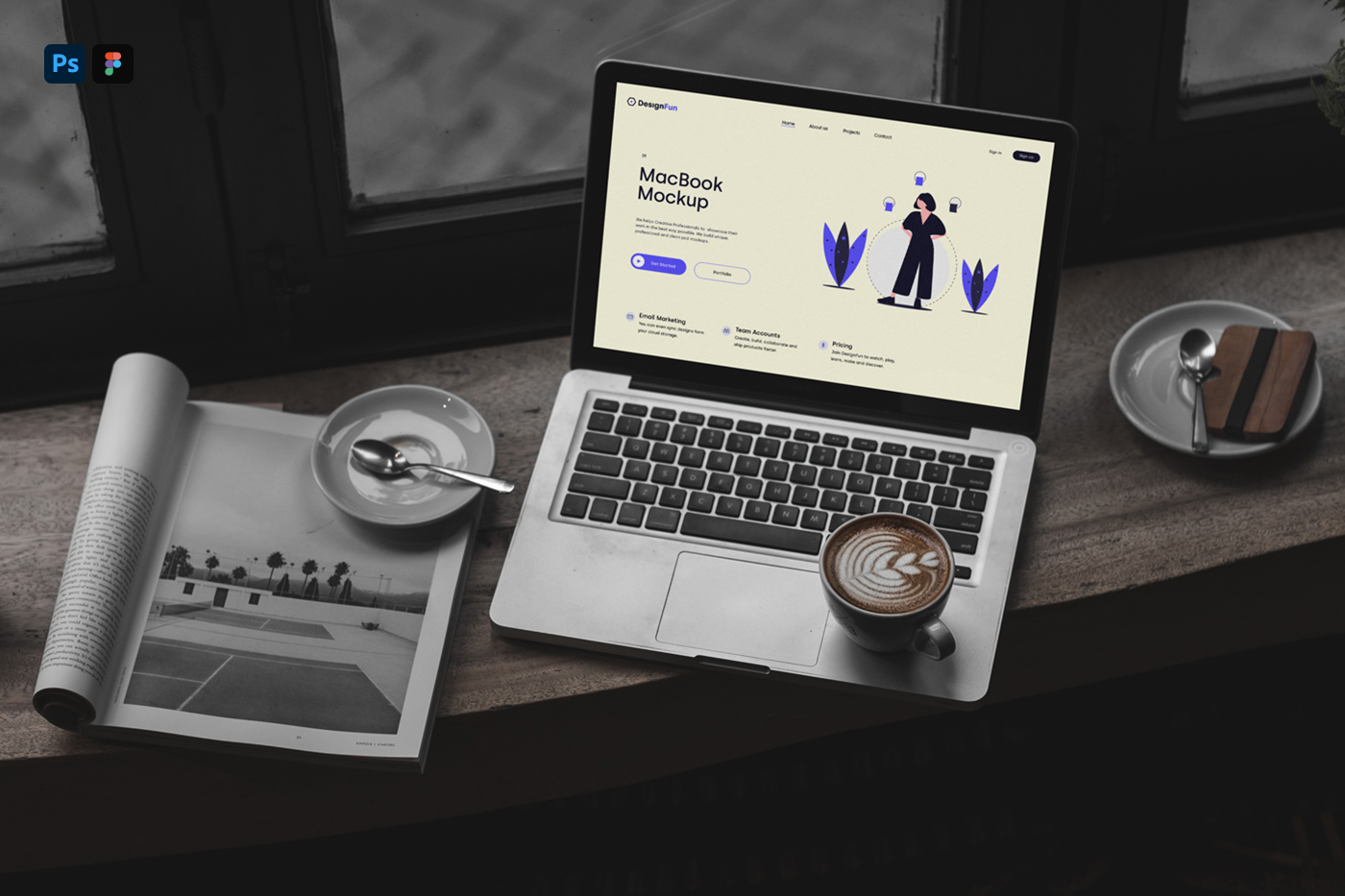 Free MacBook in Cafe Mockup — Mr.Mockup