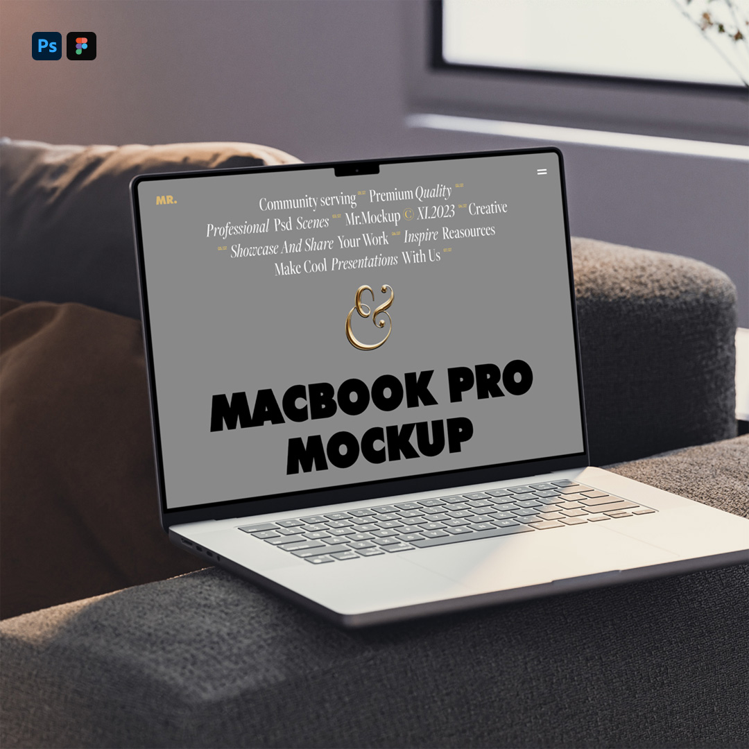 Free MacBook Pro on Couch Mockup — Mr.Mockup