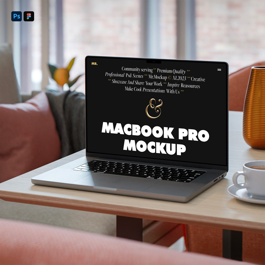 Free MacBook Pro on Table Mockup — Mr.Mockup