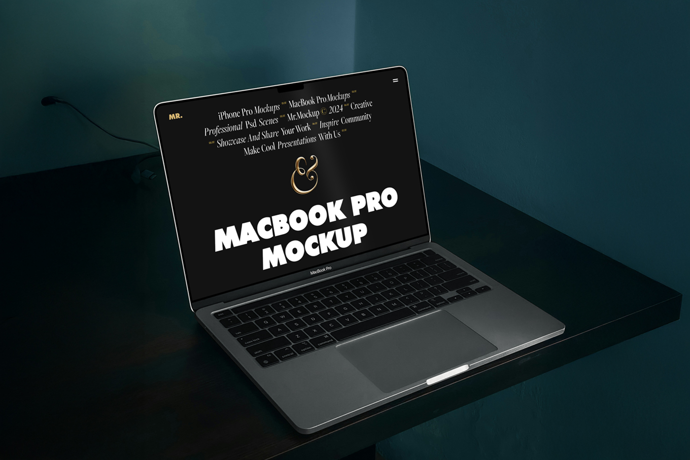 Free MacBook Pro on Black Table Mockup — Mr.Mockup