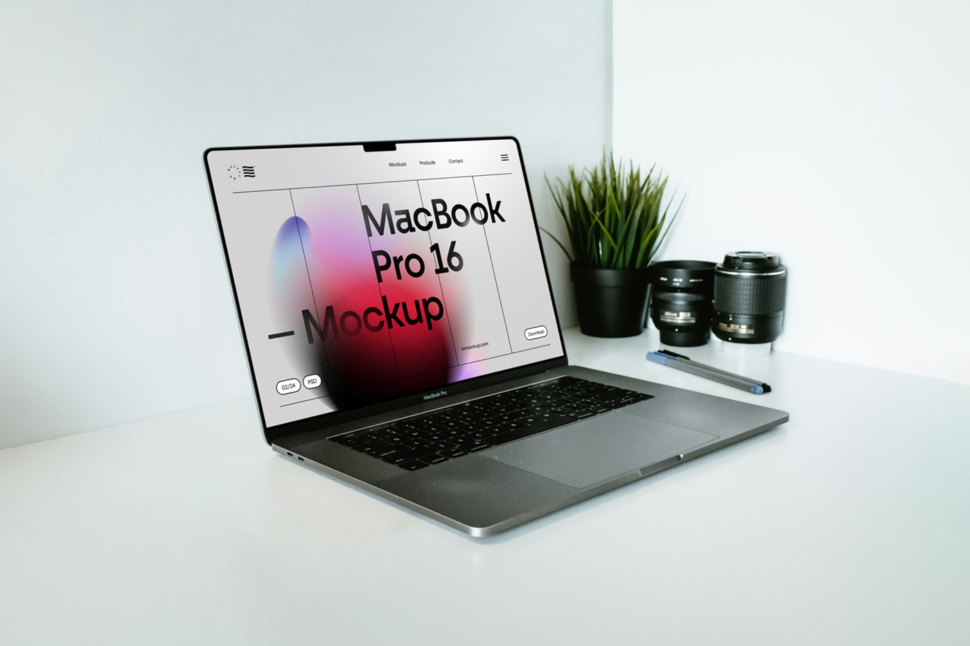 Free MacBook Pro on Wood Desk PSD Mockup — Mr.Mockup