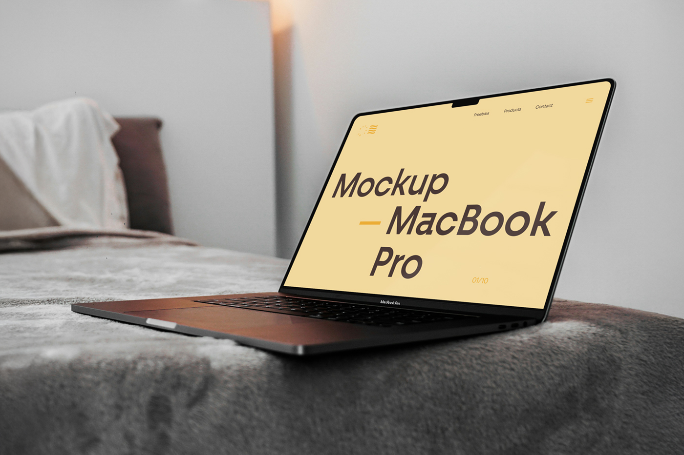 Free Open MacBook Pro on Bed Mockup — Mr.Mockup