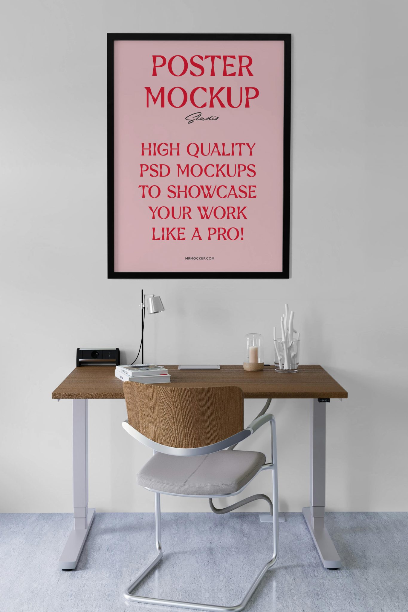 Free Hanging Poster Above The Desk Mockup — Mr.Mockup