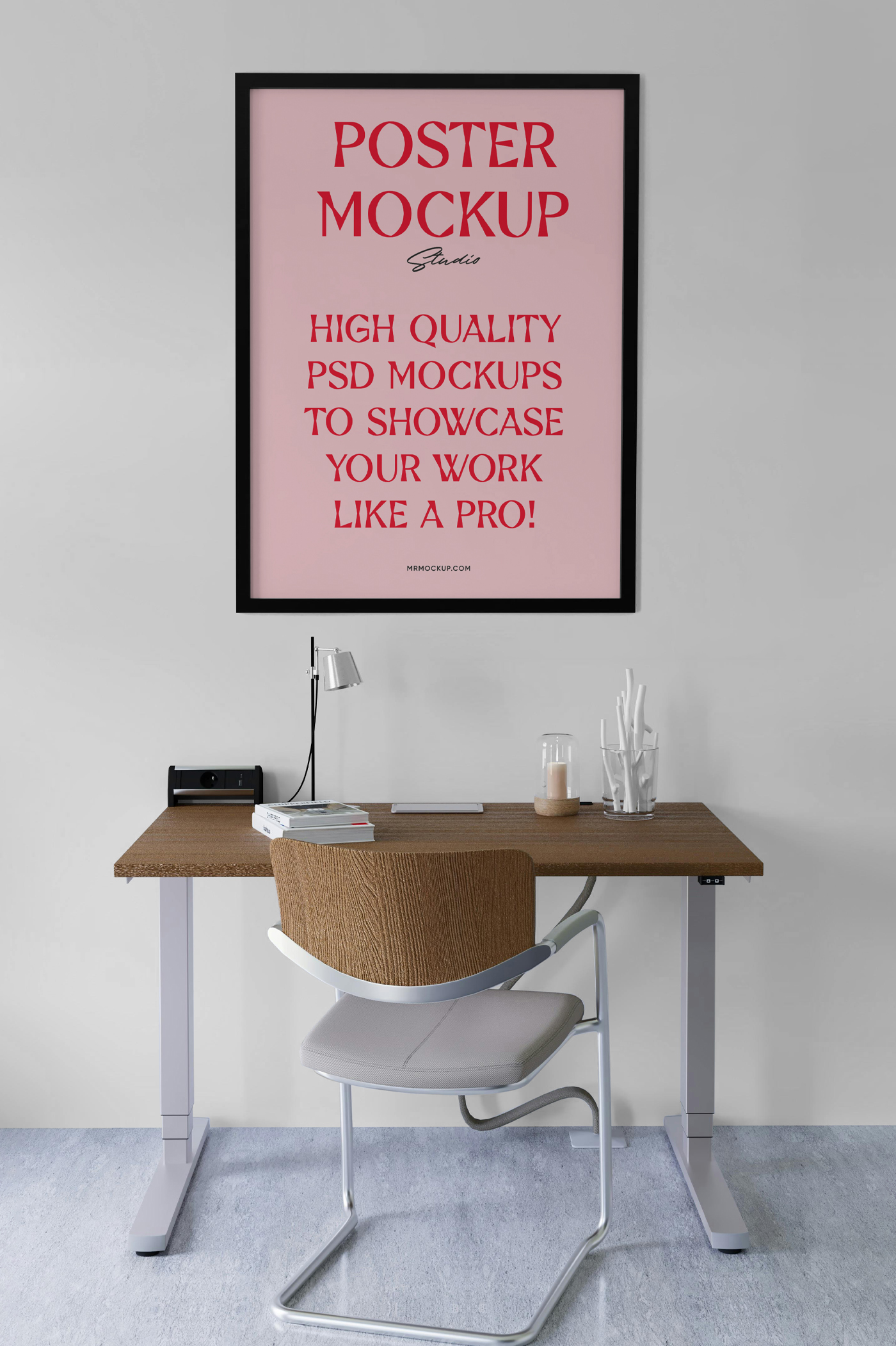 Free Hanging Poster Above The Desk Mockup — Mr.Mockup